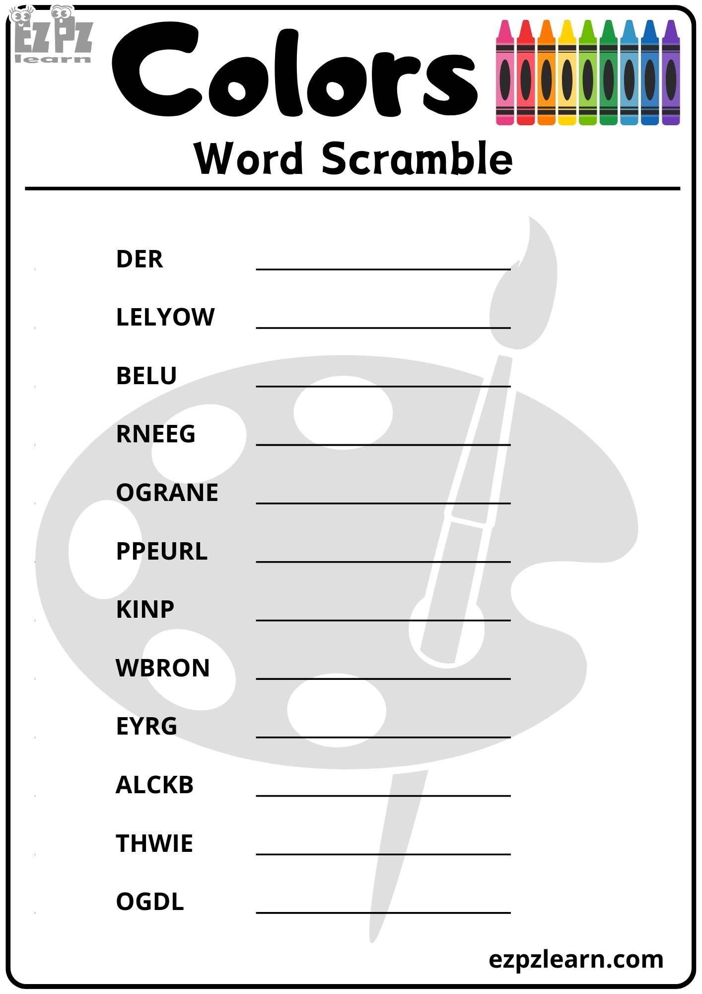 Colors Easy Word Scramble 12 Vocabulary Words Free Download PDF File - Ezpzlearn.com